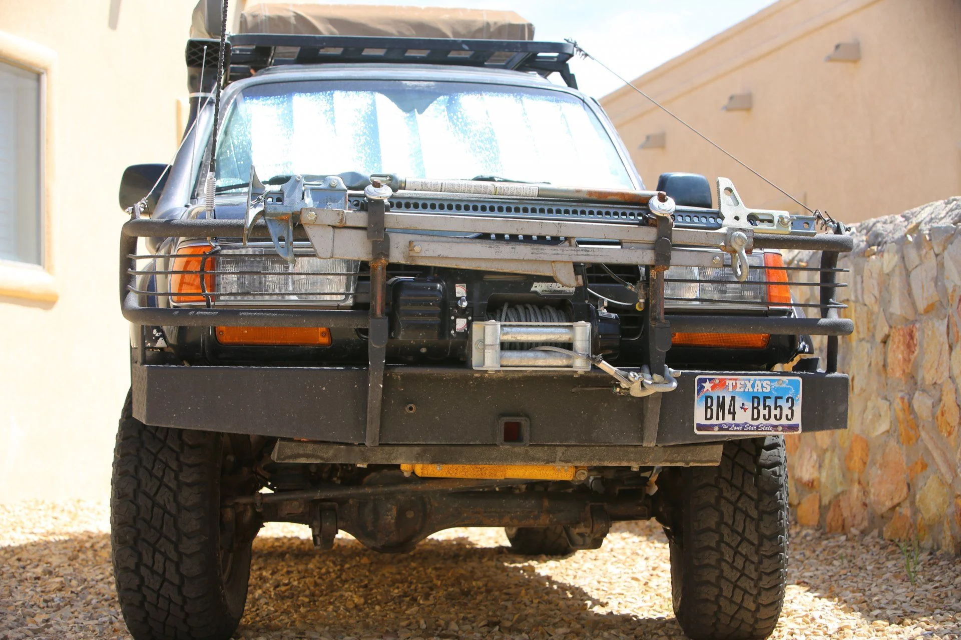 custom bull bar with high lift and pull pall mounts, warn power plant ...